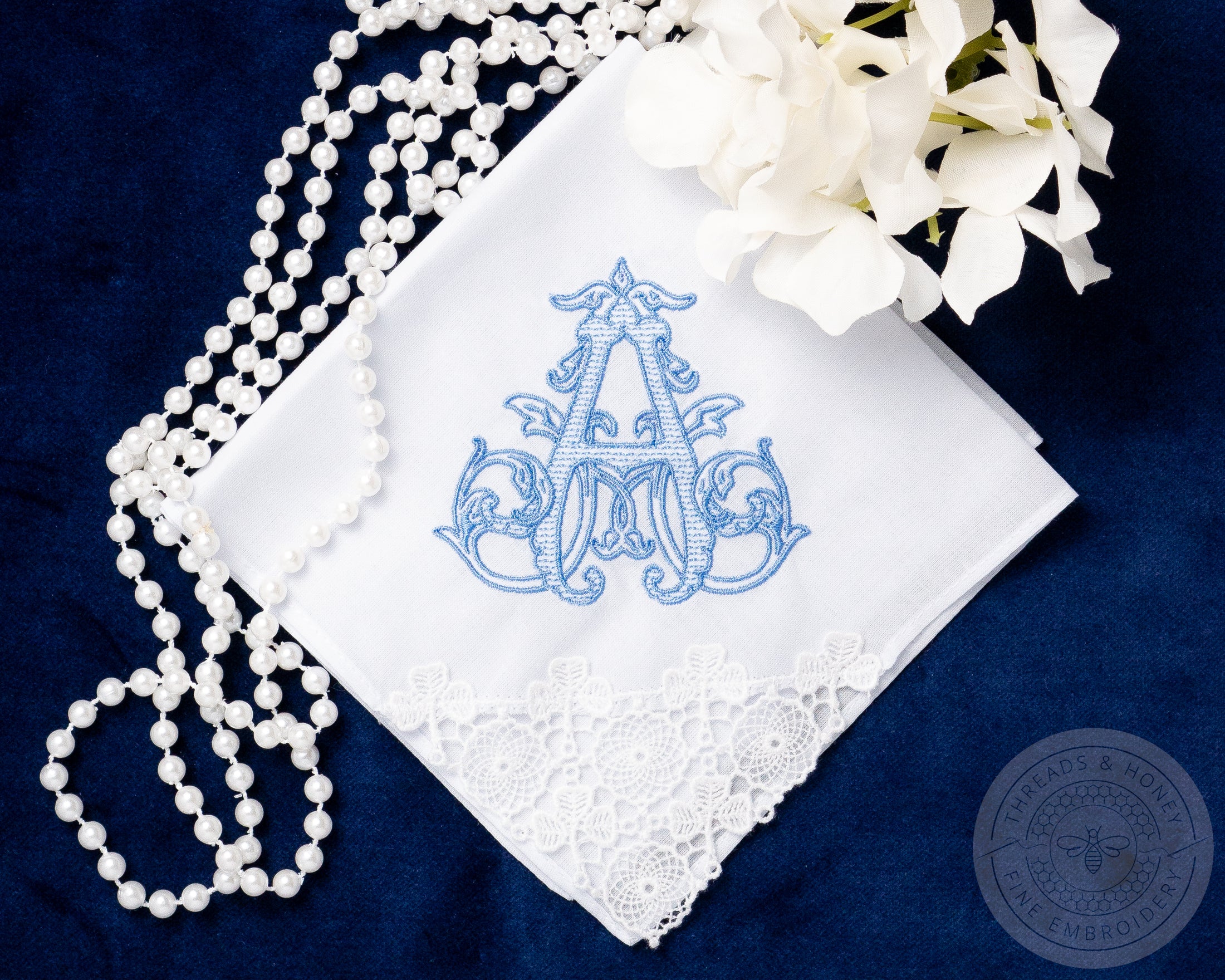 Vintage Calligraphy Style Initial Embroidered Handkerchief