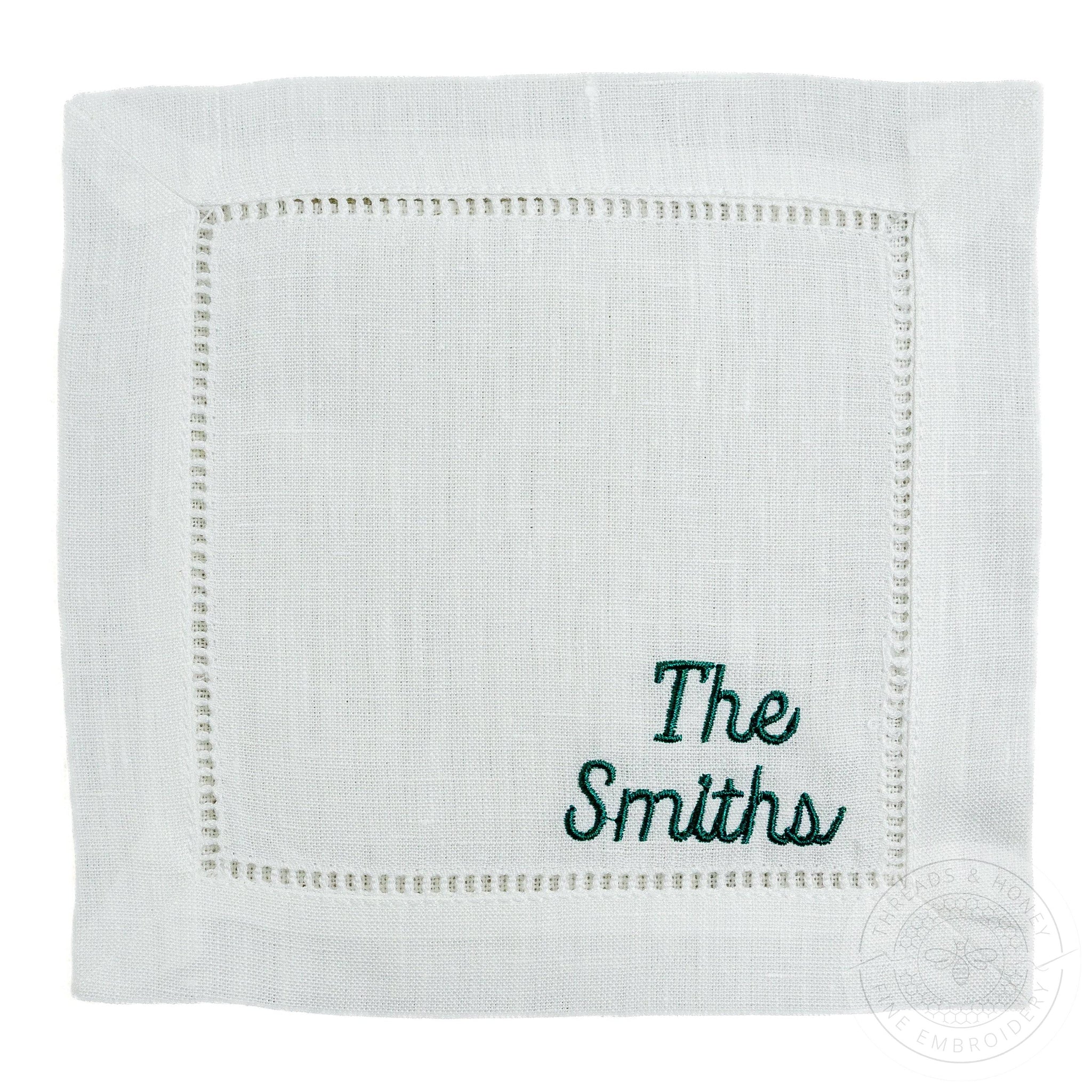 Embroidered Cocktail Napkins with Minimalist Script Name – Threads & Honey